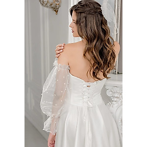 Detachable Sleeves for Wedding Dresses Pearl Tulle Illusion Removable Bridal Accessory (Ivory 03)