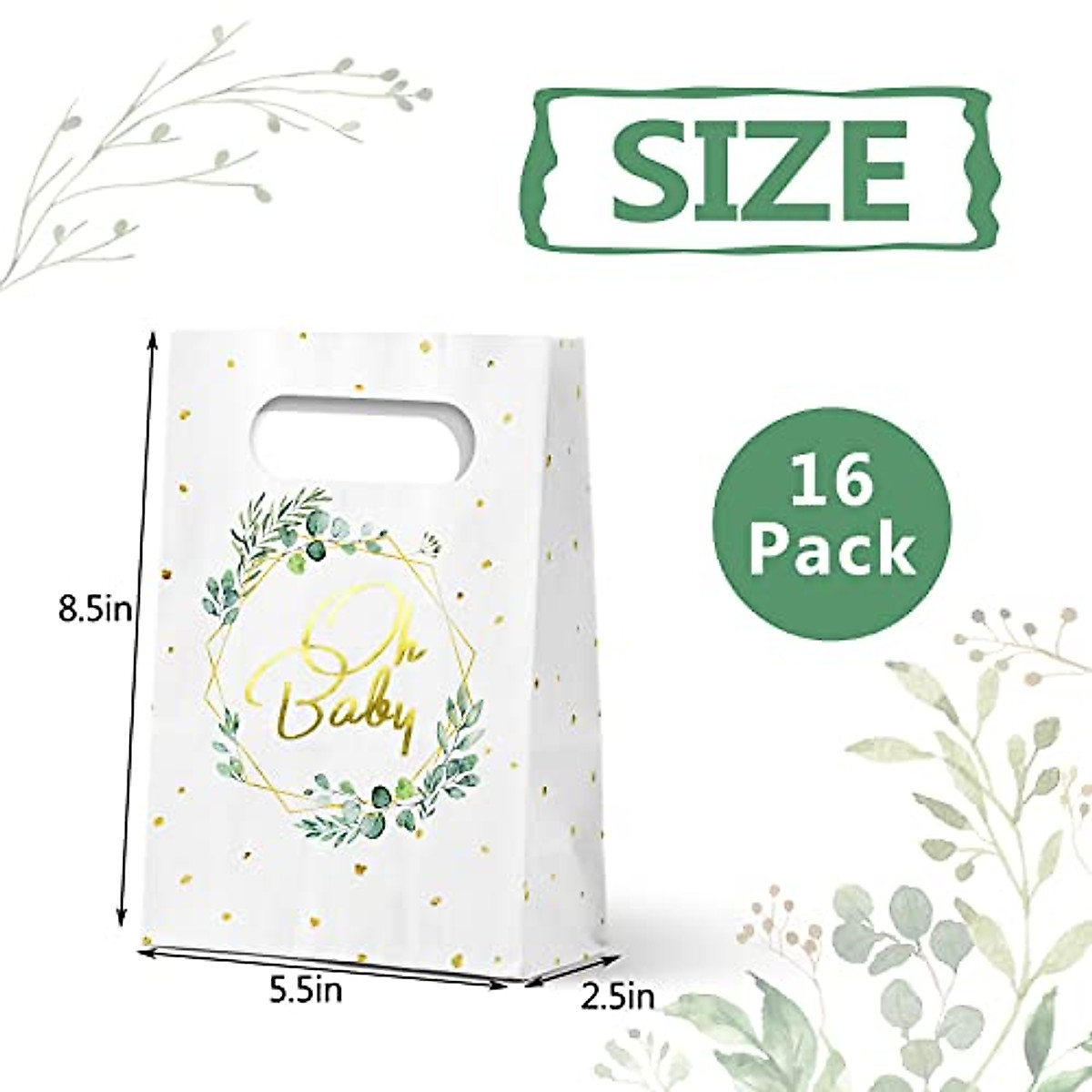WEEPA 24 Pcs Greenery Eucalyptus Oh Baby Paper Gift Bags Neutral Baby Shower Treat Sack White Kraft Paper Bags, 5.5 * 2.5 * 8.5 inch