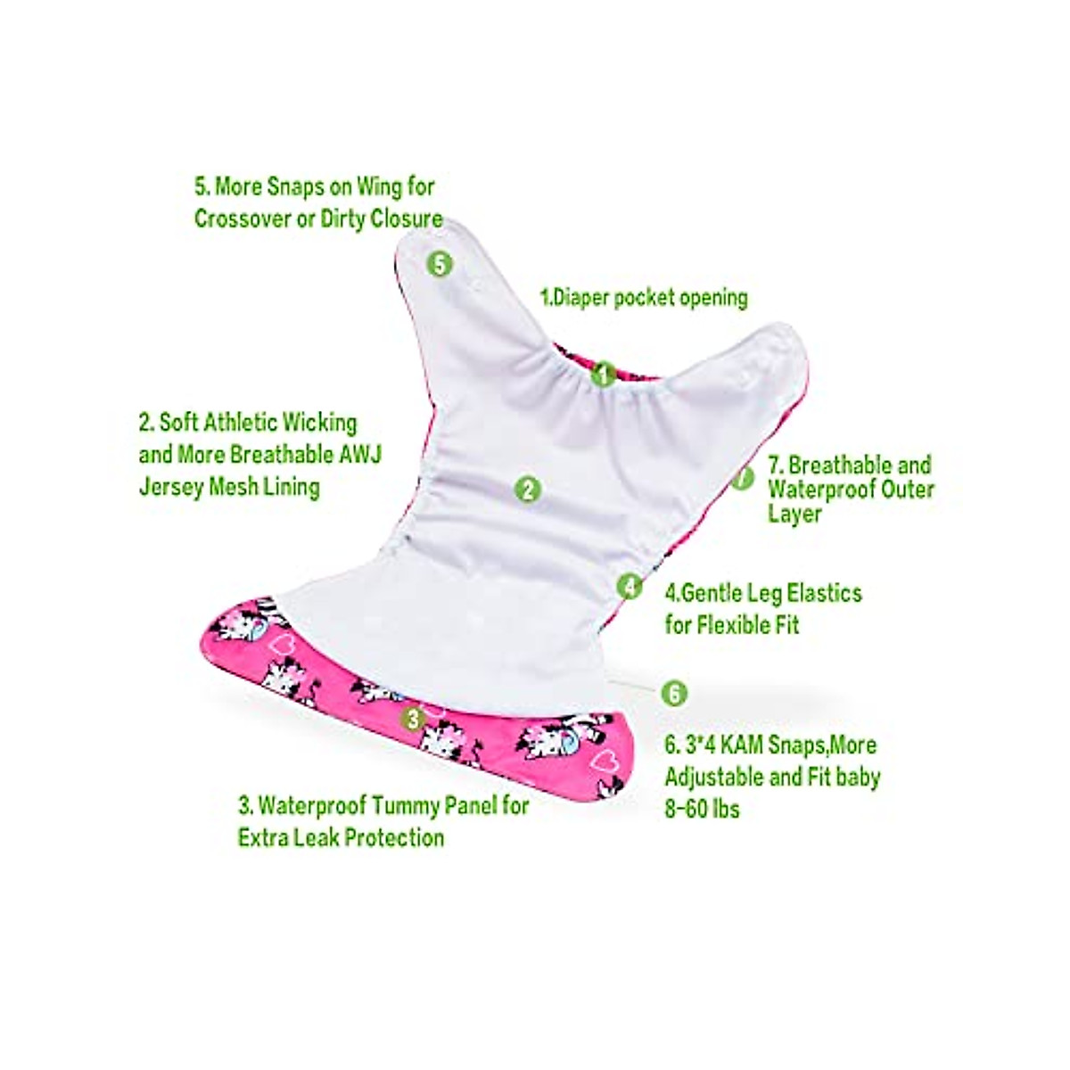 Mumsbest Cloth Diaper for Baby Girls with Tummy Panel, 6 Pack Reusable Adjustable Washable AWJ Lining Pocket Nappy with 6 Inserts & 1 Diaper Wet Bag (Girl)