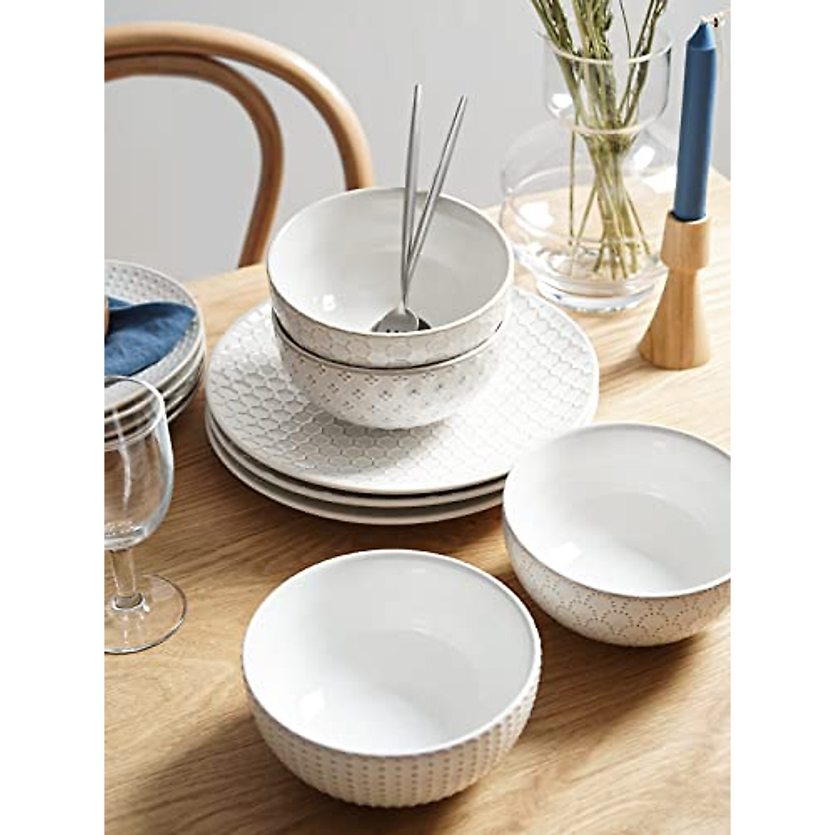 LE TAUCI Dinnerware Sets 12 Piece, Ceramic Plates and Bowls Set, House Warming Wedding Gift, Serve for 4 (10" Dinner Plates + 8" Salad Dish + 22 oz Cereal Bowl) x 4, Dishwasher safe - Arctic White