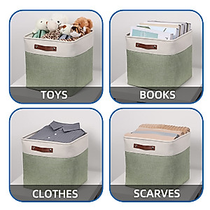 Temary Cube Storage Baskets for Shelves 4pack Fabric Storage Basket for Organizing Toys, Clothes, 13 Inch Storage Cubes with Leather Handles, Closet Baskets Nursery Home (White&Green)