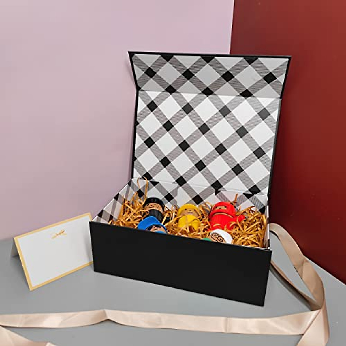 Tekhoho Black Gift Box with Lid, Luxury Premium Present Box for Gifts, Magnetic Folding Gift Boxes with Ribbon & Card for Bridesmaid Proposal Wedding Birthday Gift Packaging, Plaid Lining
