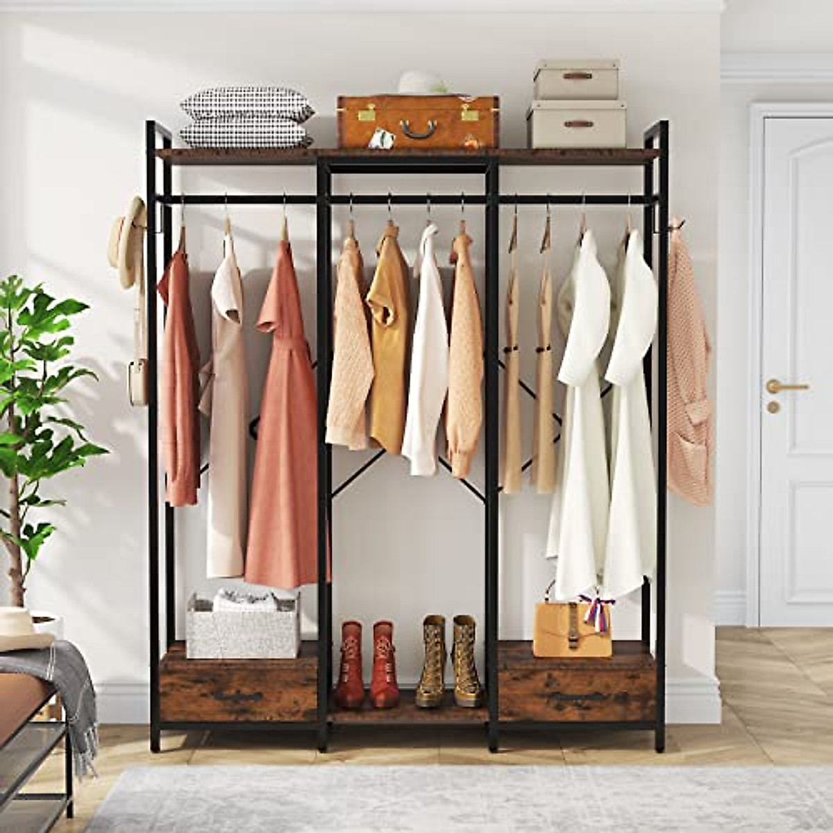 Tribesigns Clothes Rack with 2 Drawers, Freestanding Closet Organizer Garment Rack with Storage Shelves Hanging Rods and Hooks, Large Open Wardrobe Closet Clothing Rack for Bedroom