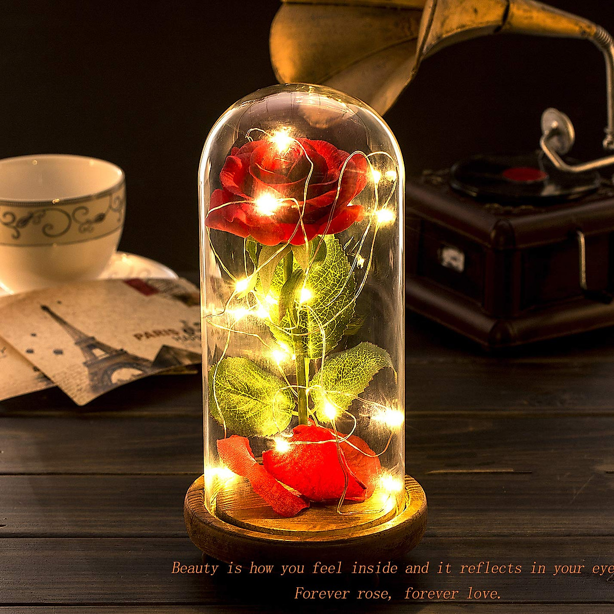 "Beauty and the Beast" Rose Kit, Red Silk Rose and Led Light with Fallen Petals in Glass Dome on Wooden Base for Home Decor Holiday Party Wedding Anniversary