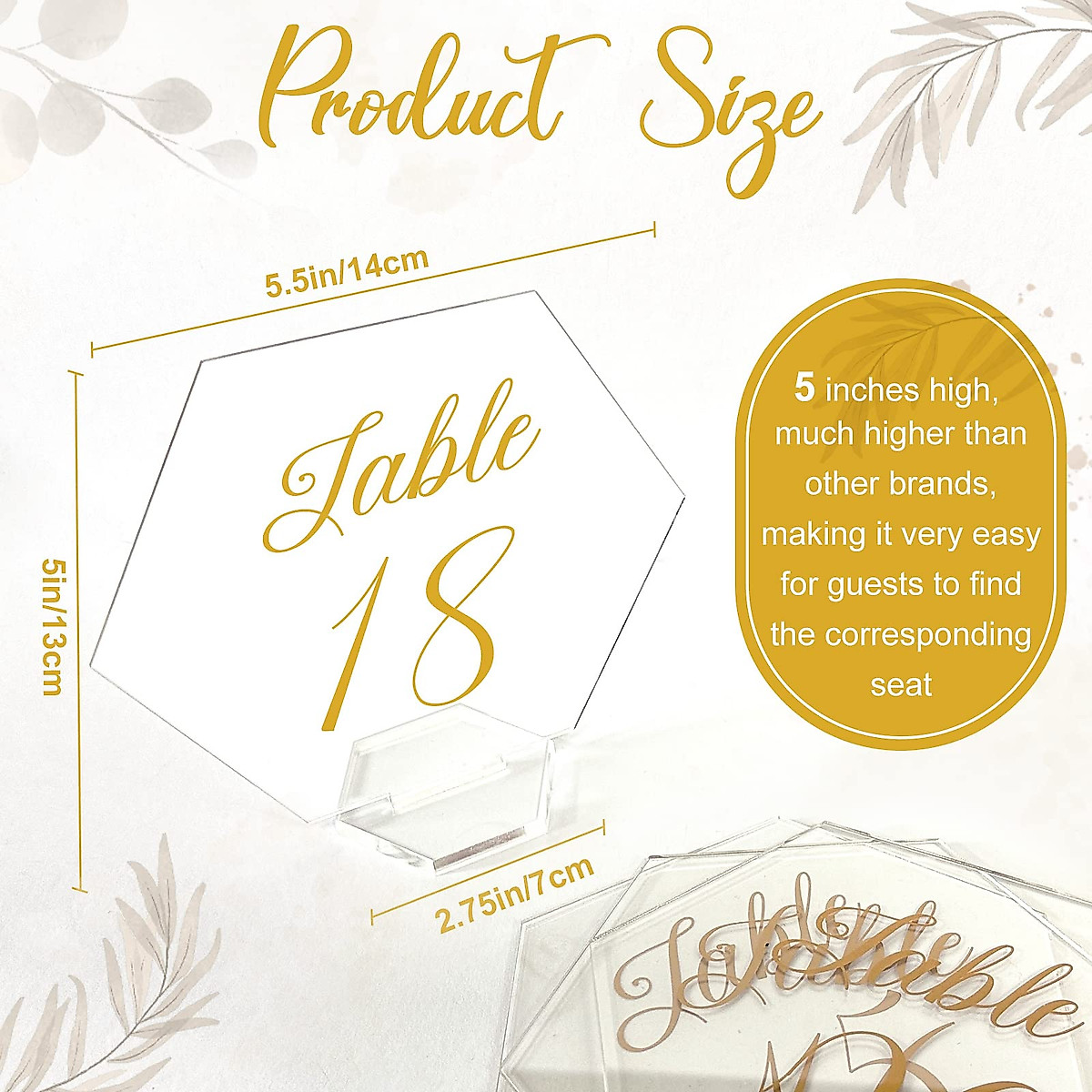 OurWarm Large Acrylic Wedding Table Numbers 1-20, Elegant Gold Printed Calligraphy Place Cards with Stand, Hexagon Multi-functional Clear Acrylic Sign and Holder, Ideal for Wedding Reception Events