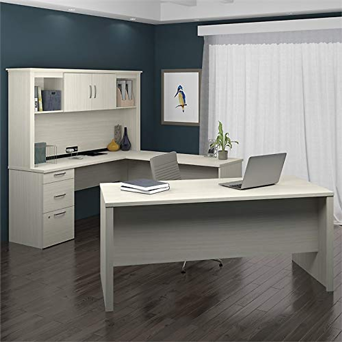 Atlin Designs Wood U Shape Computer Desk with Hutch in White and Chocolate