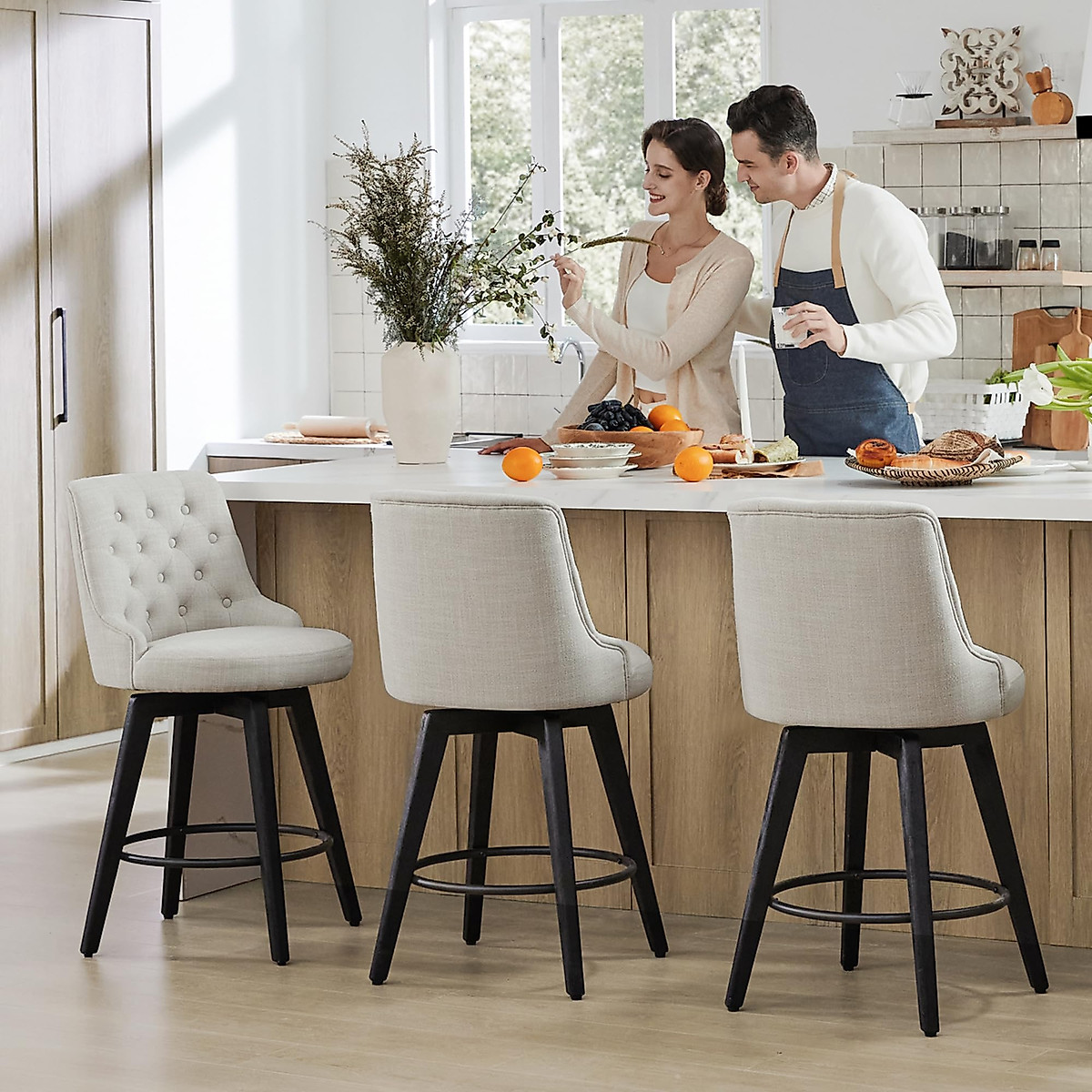 Watson & Whitely Modern Swivel Bar Stools, Performance Fabric Upholstered Counter Height Bar Stool with Back, Solid Wood Legs, 26" H Seat, Set of 2, Flint Grey