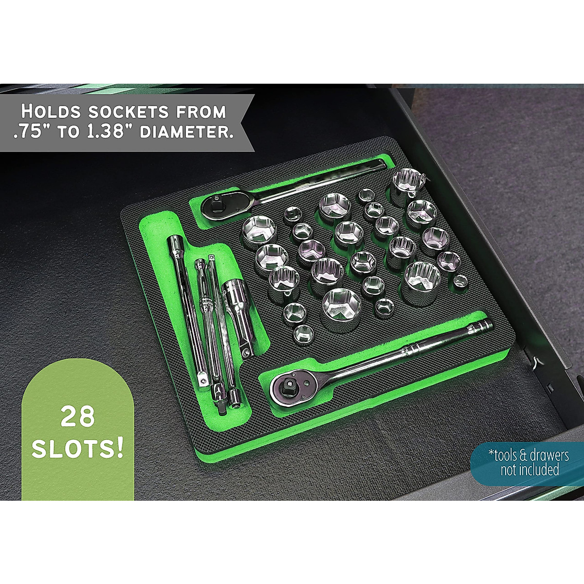 Polar Whale Tool Drawer Organizer Socket Holder Insert Green and Black Durable Foam Strong Tray Holds 25 Sockets and More Fits Craftsman Husky Kobalt Milwaukee and Many Others