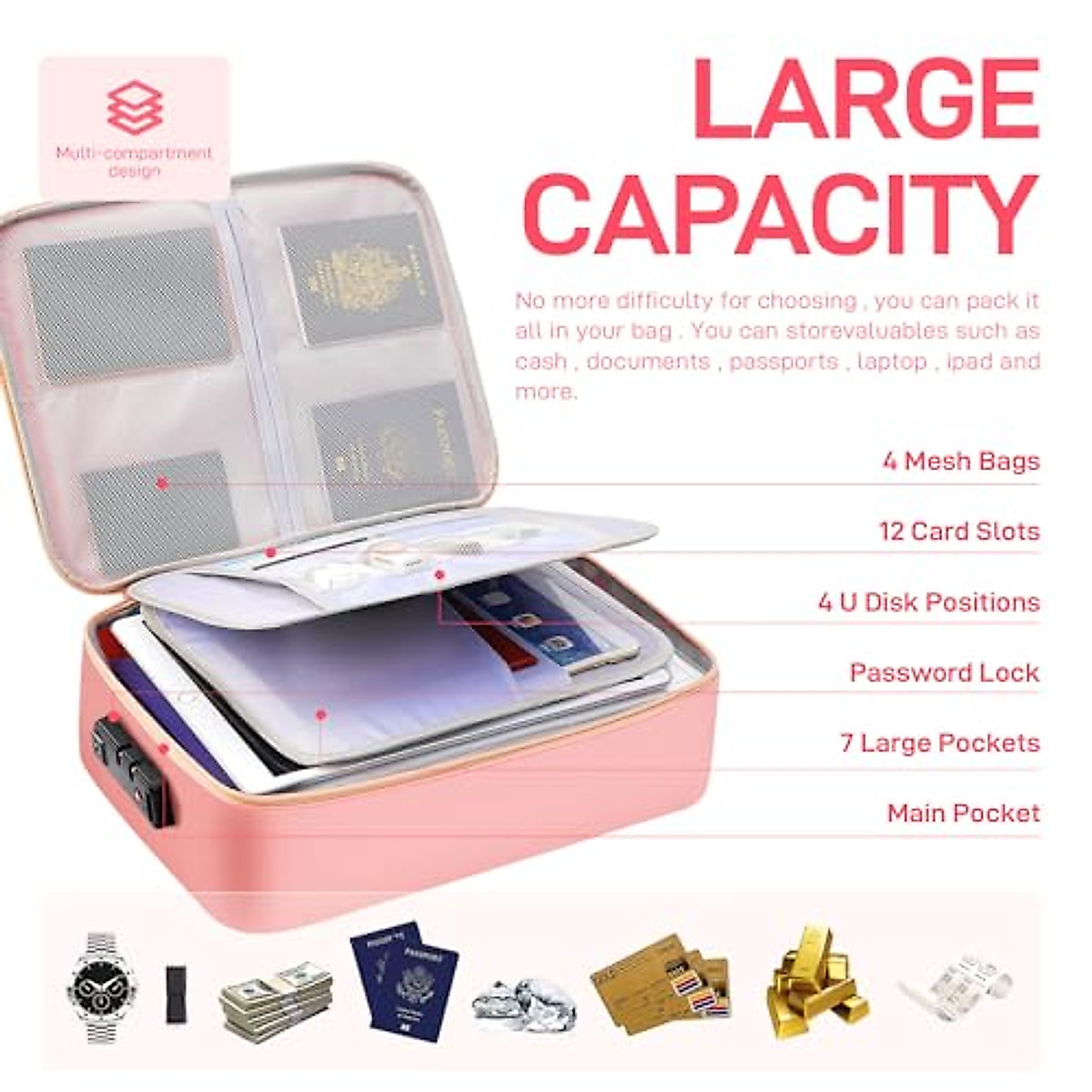 Sgorlds Fireproof Document Bag with Lock, Important Document Organizer Home Office Travel Safe Bag, 3 Layer Portable Filing Storage for Waterproof File Passport Certificates Legal Documents Pink