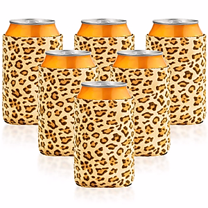 BAGnoREGio Short Plush Beer Can Cooler Sleeves, Soft Velvet Neoprene Insulated Coozie for Soda Beverage Cans, 6-Pack Collapsible Thermocoolers with 1PC Key Bottle Opener (Camouflage,Leopard)