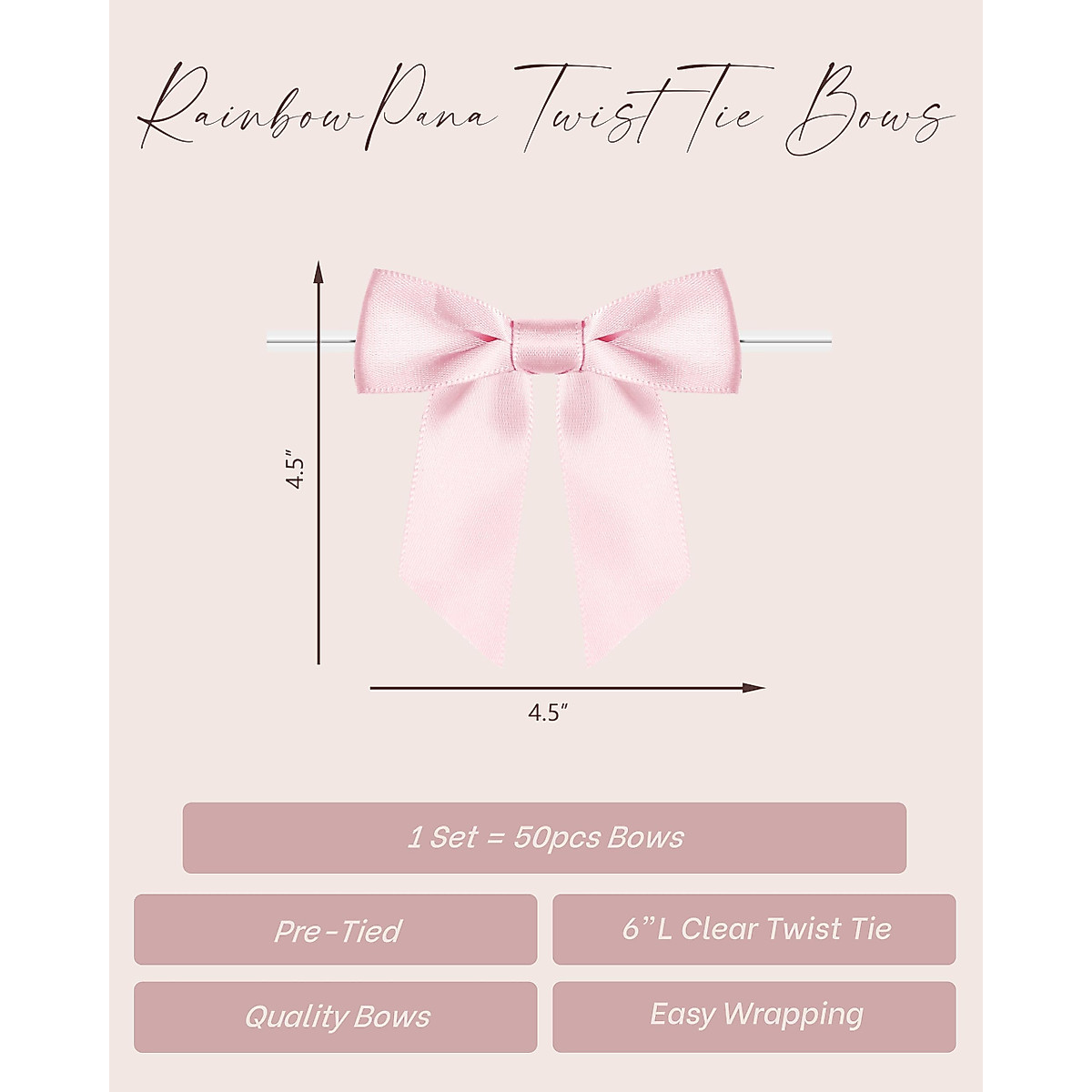 RainbowPana 50 Pack 4.5" Twist Tie Bows, Luxury Baby Pink Satin Ribbon Pretied Bows, Premade Craft Decoration for Package