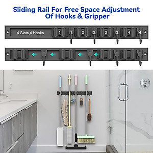 TOOVEM Mop and Broom Holder Wall Mount, Self Adhesive Heavy Duty Broom Organizer Storage Tool Racks for Home Garden Garage Laundry Room, Grey (4 Racks and 4 Hooks)