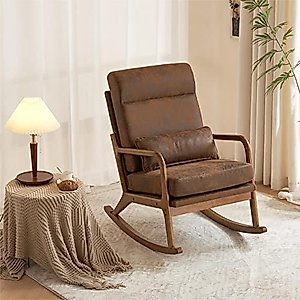 pazezog Rocking Chair,High Back Mid-Century Modern Accent Chair,Nursery Rocking Chair with Wooden Armrest,Upholstered Glider Rocker with Lumbar Pillow for Living Room