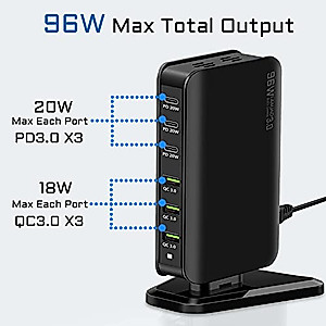 Desktop USB Charging Station,LAMJAD 96W 6-Port USB C Charging Station,with 3 USB-C+3 USB-A,Portable Fast Charging Hub for All iPad,iPhone 14 13 12 Pro Max, Pixel Samsung Galaxy and More