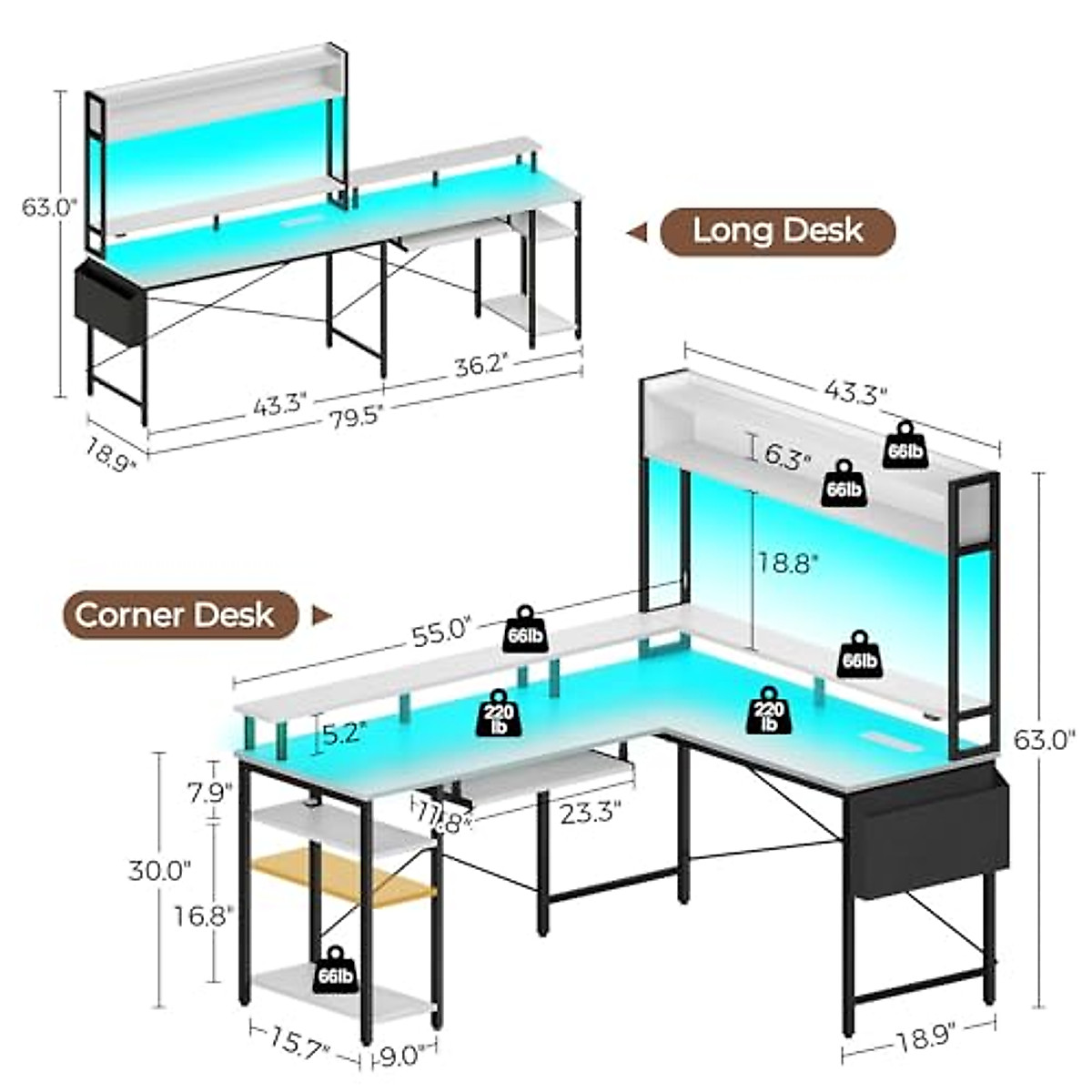 Rolanstar L Shaped Gaming Desk with Power Outlets & LED Lights, Reversible Computer Desk with Keyboard Tray, Storage Shelves, Monitor Stand & Hutch for Home Office, White