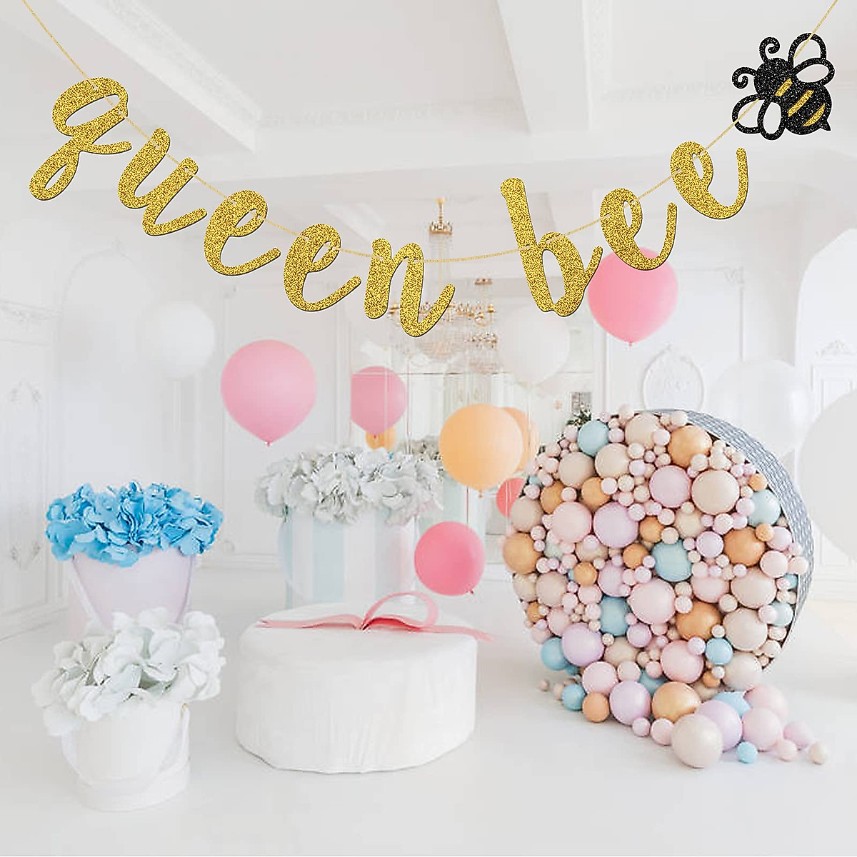 INNORU Queen Bee Banner, Bumble Bee Mom Birthday Party Decorations, Bee Party, Mommy to Be Sign Banner, Happy Birthday Mom Party Decoration Gold Glitter