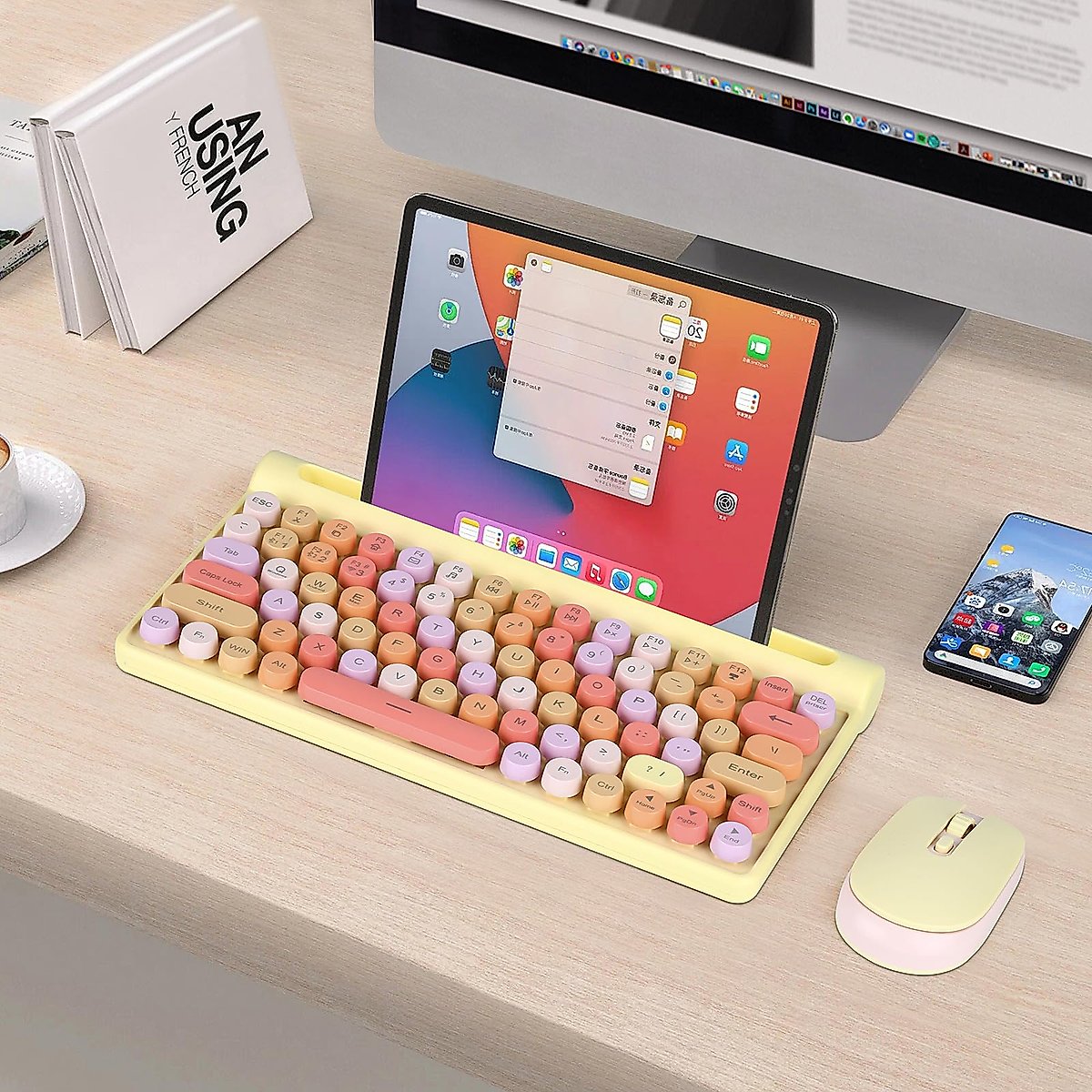 Apuode Wireless Keyboard and Mouse Combo, Bluetooth 5.0/3.0/2.4GHz, with Tablet Holder, Quiet Mute Button, Cute Retro Round Keycaps, Replaceable Battery, for PC, Mac, Laptop, Tablet