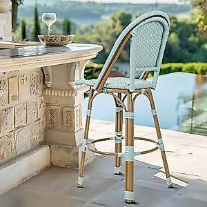 YOEEMZ Outdoor Bar Stools Set of 2 | 30 Inch Bar Height Rattan Patio Barstools with Back | Sturdy Aluminum Frame & Bamboo Finish | French Metal Chair, Powder Blue