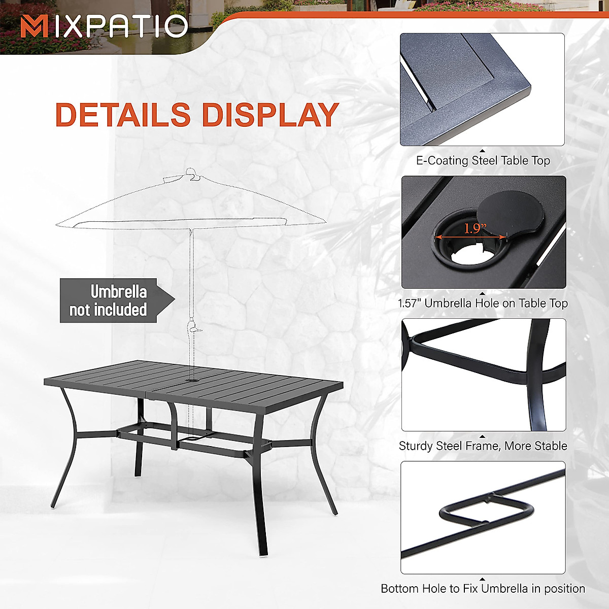 MIXPATIO Outdoor Patio Dining Set, 7 Pcs Patio Furniture Dining Table Chair Set, 6 Rattan Chairs and 1 Metal Dining Table(1.9" Umbrella Hole), for Lawn, Garden, Yards, Poolside