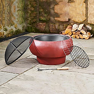 Teamson Home Outdoor 20.07 in. Round Wood-Burning Fire Pit with Faux Concrete Base, Spark Screen, Stainless Steel Grill Grate, Removable Fire Bowl and Poker, Maroon