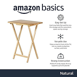 Amazon Basics Classic Portable TV Dinner Rectangular Folding Tray Table with Storage Rack, Natural - Set of 4 Trays, 15"D x 19"W x 26"H