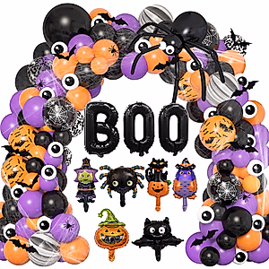 165Pcs Halloween Balloon Arch Garland Kit with Giant Spider Bat Balloon Black & White Orange Purple Confetti Halloween Foil Balloons 3D Bat Eyeballs for DIY Halloween Birthday Party Decorations