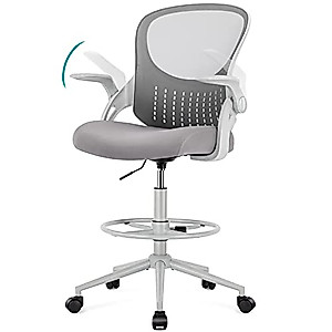 edx Drafting Chair Tall Office Chair, Tall Standing Desk Chair Counter Height Tall Adjustable Office Chair with Flip-up Arms/Wheels, Mid Back Mesh Office Drafting Chairs for Standing Desk, Grey