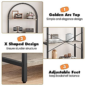 IDEALHOUSE Bookshelf 5 Tier Bookcase Arched Display Racks Tall Standing Bookshelves Metal Frame Farmhouse Storage Rack Shelf Grey Book Shelf for Bedroom, Living Room, Home Office