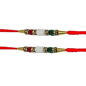 IndiaBigShop Rakhi for Brothers Rudrsha Red Moti Thread Rakhi for Bhaiya, Raksha Bandhan Gift for Your Brother Vary Color and Multi Design Assorted Rakhi- Set of 2
