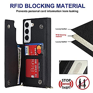 DEFBSC Compatible with Samsung Galaxy S21 FE Case, Crossbody Wallet Case, Adjustable Detachable Lanyard Neck Strap with Kickstand Leather Card Holder Protective Cover-Black