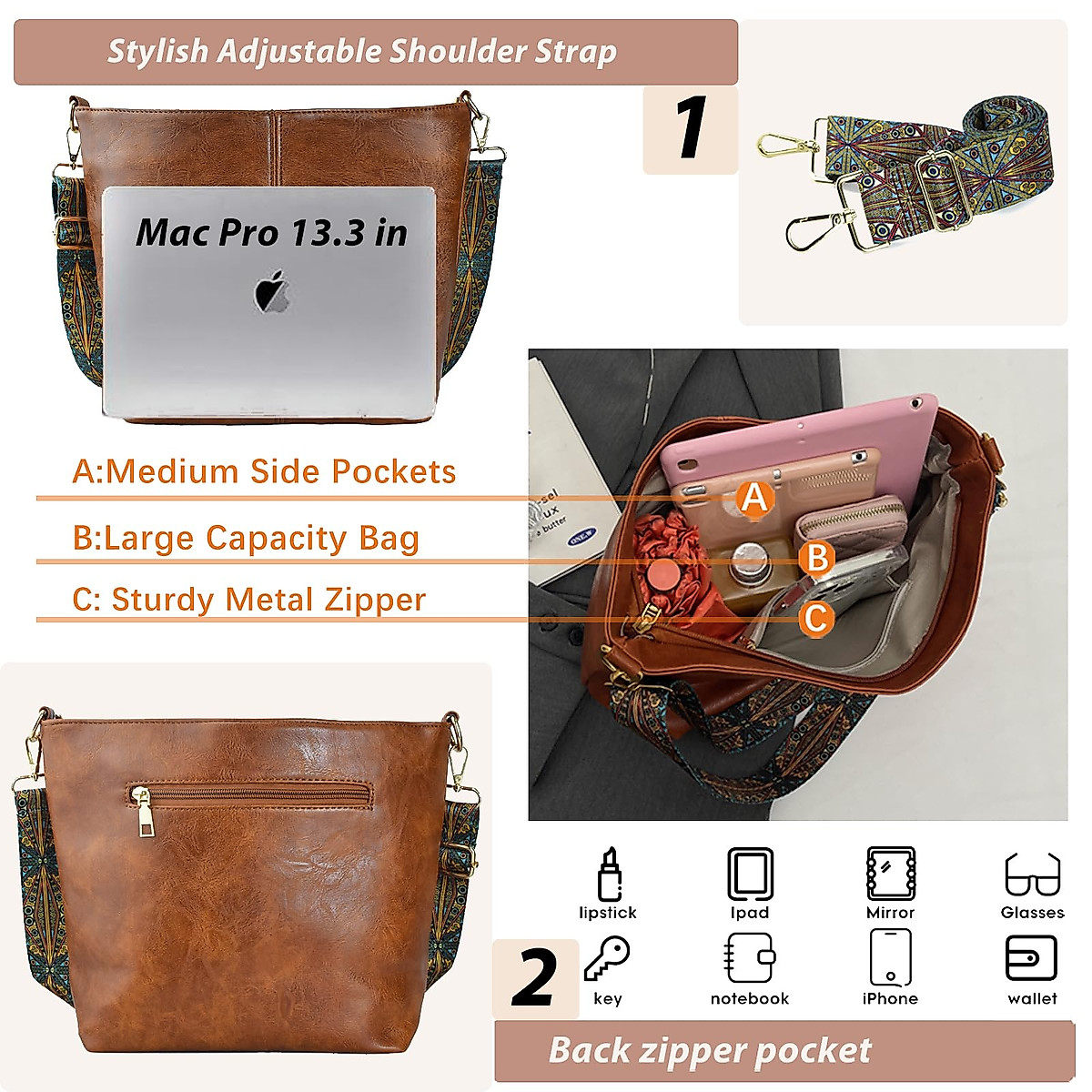 Huwzder Hobo Bags Vegan Leather Crossbody Bag Guitar Strap Shoulder Purses with Zipper Handbags for Women (Brown)