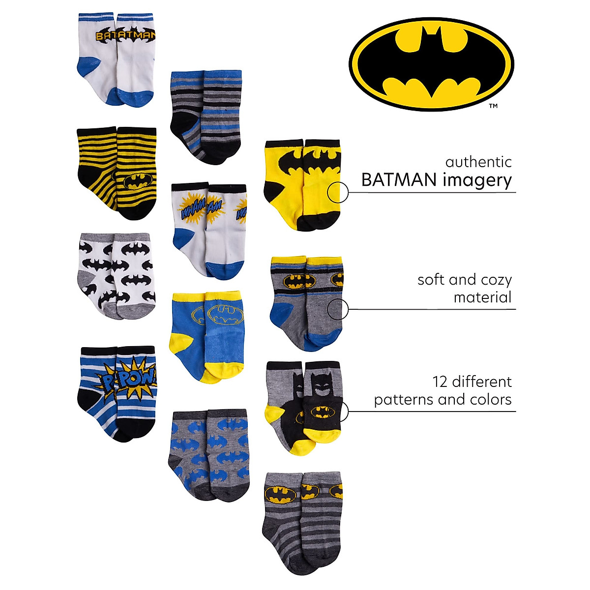 DC Comics Baby Boys/Girls 12 Pack Socks: Batman, Wonder Woman, Superman, Justice League, Super Girl, Size Age 6-12M, Blue/Yellow/Black Batman