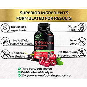 HCL HERBAL CODE LABS D-Mannose with Cranberry Extract Capsules 1500mg Super Strength Pills – Fast-Acting UTI Urinary Tract – Bladder Health Supplement