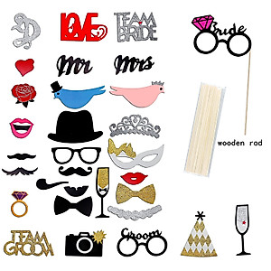 Andiker Photo Booth Props Wedding, 31 Pcs Funny Photo Booth Accessories with Wooden Stick, Shinny Photo Booth Accessories for Bridal Shower, Party and Valentine Include Tie, Hat, Mustaches