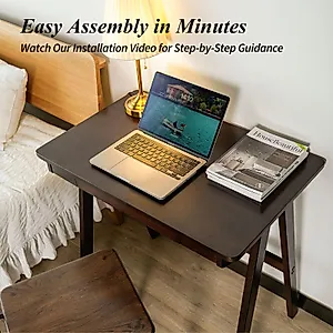 Cttasty Computer Desk with Drawers, Solid Wood Writing Desk, Mid Century Modern Home Office Desks, Oak Study Table, Small Desk for Bedroom, 29.1 H x 31.5 W x 19.7 D Inches, Walnut