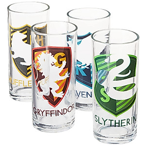 Silver Buffalo Harry Potter Hogwarts House Crests Silo Stripes 4-Pack Tumbler Glass Set, 10-Ounces