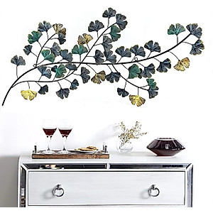 Bellaa 3D Metal Wall Decor Living Room Ginkgo Leaf Japanes Style Flower Golden Blue Teal Abstract Scroll Celtic Wrought Iron Plaque Hanging Boho Home Outdoor Garden Floral Accents Turquoise