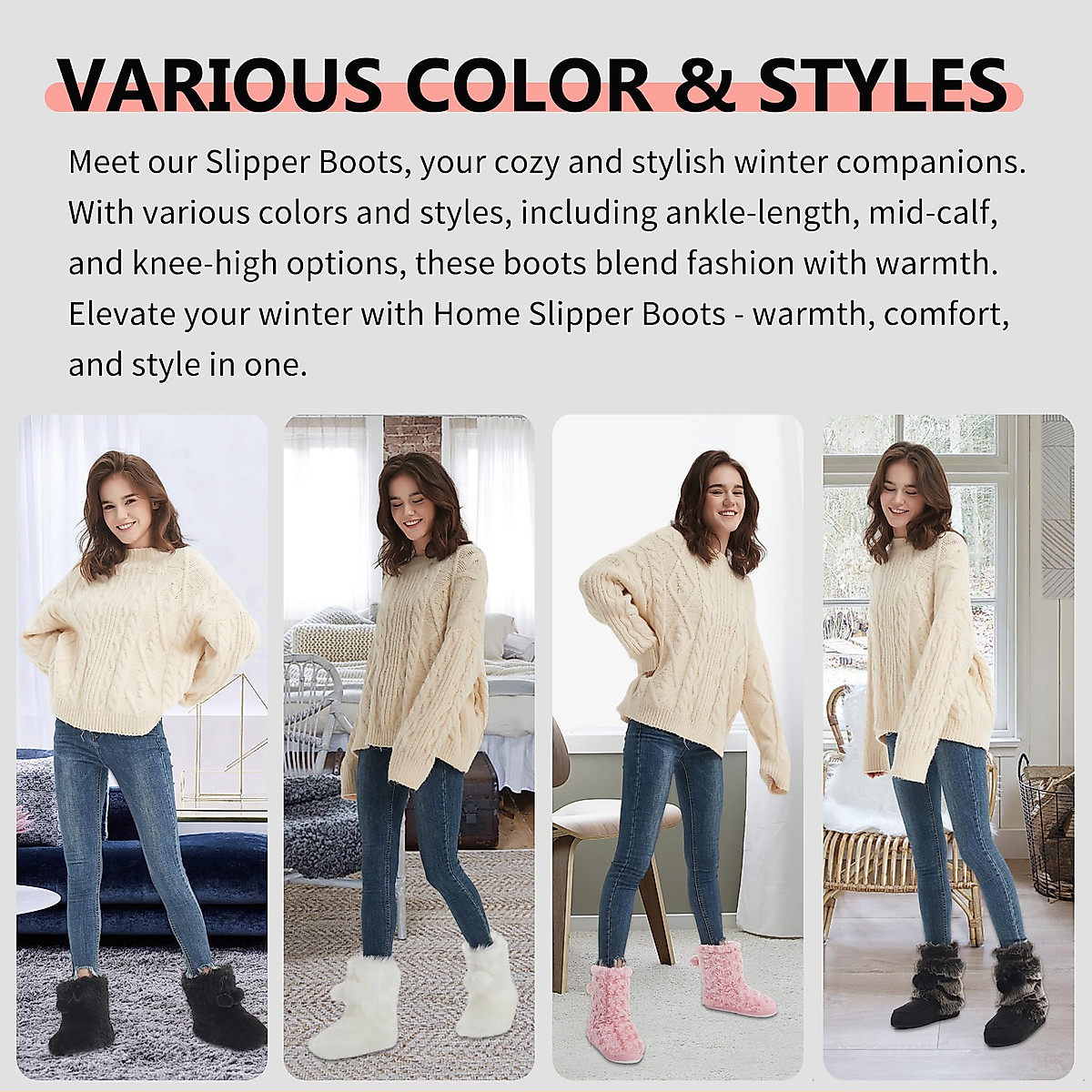 Home Slipper Womens Super Warm with Pom Poms Lined Tall Indoor Room Floor House Boots Slippers Shoes,US 7/8,Khaki