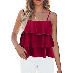 KIRUNDO Women's 2025 Summer Spaghetti Strap Cami Tank Tops Tiered Ruffle Tie Shoulder Flowy Sleeveless Shirts Camisole(Jujube Red, X-Large)