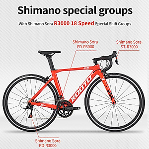 KOOTU Carbon Road Bike, Carbon Fiber Frame Road Bicycles 700C Wheels Racing Bike with SORA R3000 18 Speeds Groupset Ultra-Light Bicycle