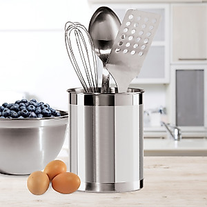 Oggi Stainless Steel Utensil Holder - 5" Diameter, Utensil Caddy, Weighted Base for Stability - Larger-Sized Utensil Crock and Countertop Utensil Organizer, Stainless Steel