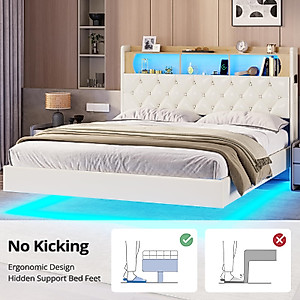 BTHFST Queen Floating Bed Frame with Storage Headboard & LED Lights & Charing Sation, Upholstered Headboard RGB LED Floating Bed with USB-C/A Charging Station, No Box Spring Needed, PU White