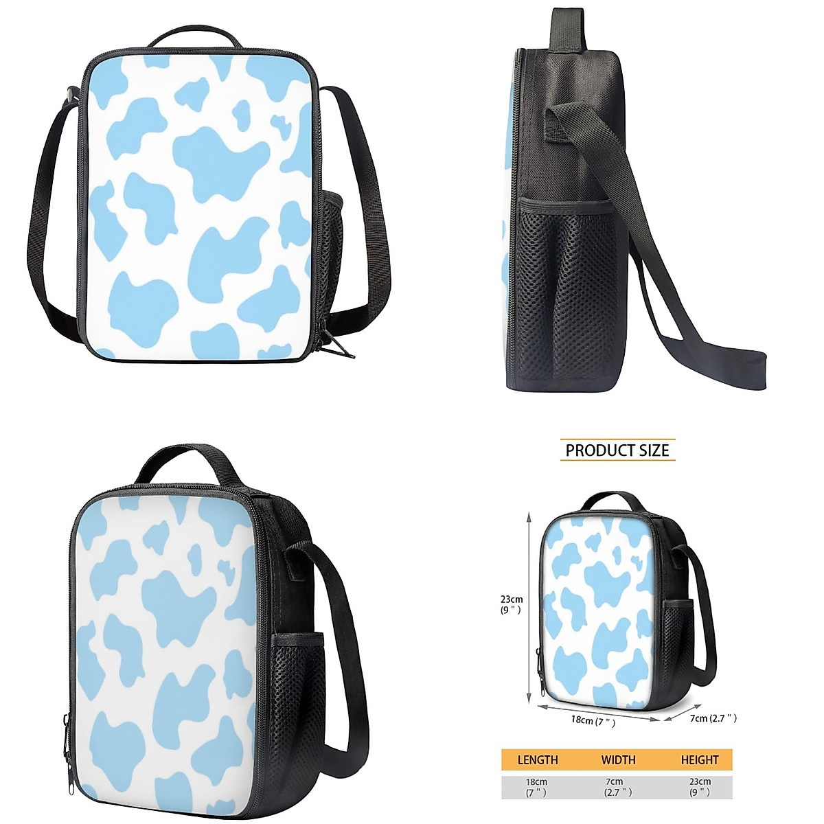 GIFTPUZZ Blue Cow Print Backpacks for Girls Boys Book Bag Back Packs with Lunch Box Pencil Case Drawstring Bag Keychain Teens Schoolbags Back Packs Satchel for Travel Daypack