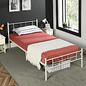 Liink1Ga White Twin Bed Frames with Headboard, Twin Bed Frame No Box Spring Needed, No Squeaky, Easy to Assemble Twin Size Bed Frames, Country Rustic Style