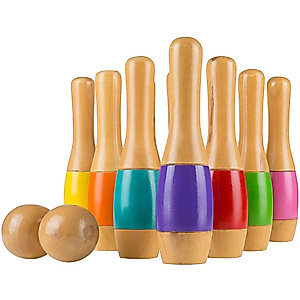 Lawn Bowling Game/Skittle Ball- Indoor and Outdoor Fun for Toddlers, Kids, Adults –10 Wooden Pins, 2 Balls, and Mesh Bag Set by Hey! Play! (9.5 Inch)