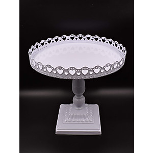 hadaaya 12 Inches White Metal Footed Cake Stand with Hearts Shape Border, Dessert Display Stand, Serving Plate, Pedestal stand for a Birthday party, Weddings, Baby Shower. Christmas Holiday Gifts