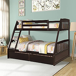 FIQHOME Twin Over Full Bunk Bed with Two Storage Drawers, Solid Wood Bunk Bed for Kids,Teens, Adults,Convertible to 2 Separated Beds, Espresso