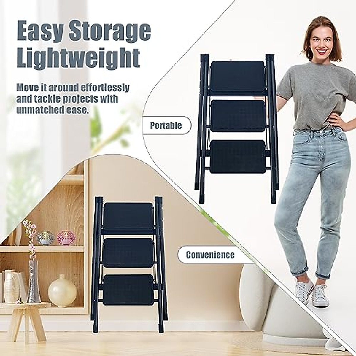 Ambikun Kitchen Step Ladder Black Thickened Manganese Steel 3 Foldable Step Stools for Adults and Children, Wide Step Stool-Up to 330 lbs Weight Capacity Great for Closet Access