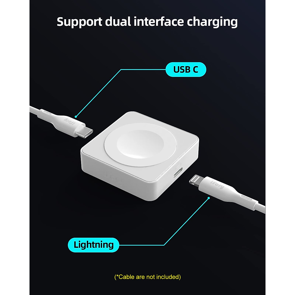 iFory Watch Charger Designed for Apple Watch Series 6/SE/5/4/3 MFi Certified Magnetic Wireless Charger with Dual Port USB C and Lightning - CloudWhite