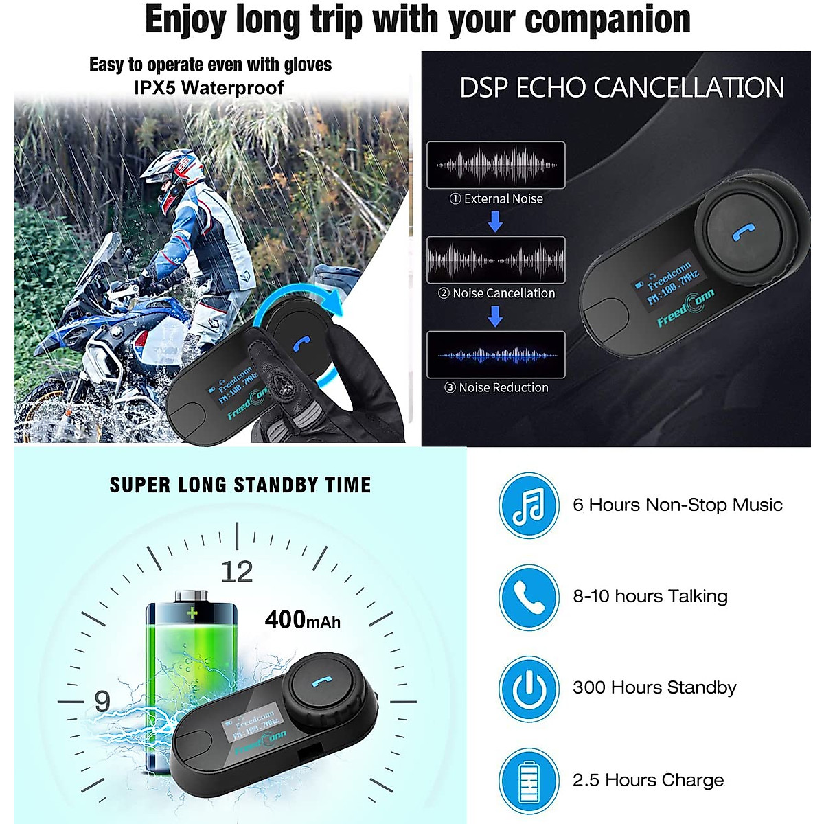 FreedConn 2pcs TCOM-SC Motorcycle Intercom Headset Speakers,2-3 Riders Helmet Bluetooth Intercom, Universal Communication Systems with Music Sharing/LCD Screen/FM Radio/Mobile Phone/GPS/Waterproof